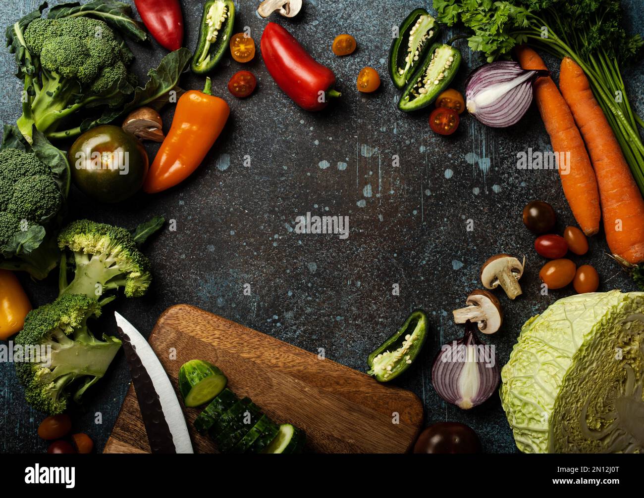Food cooking background with assorted fresh vegetables on rustic ...