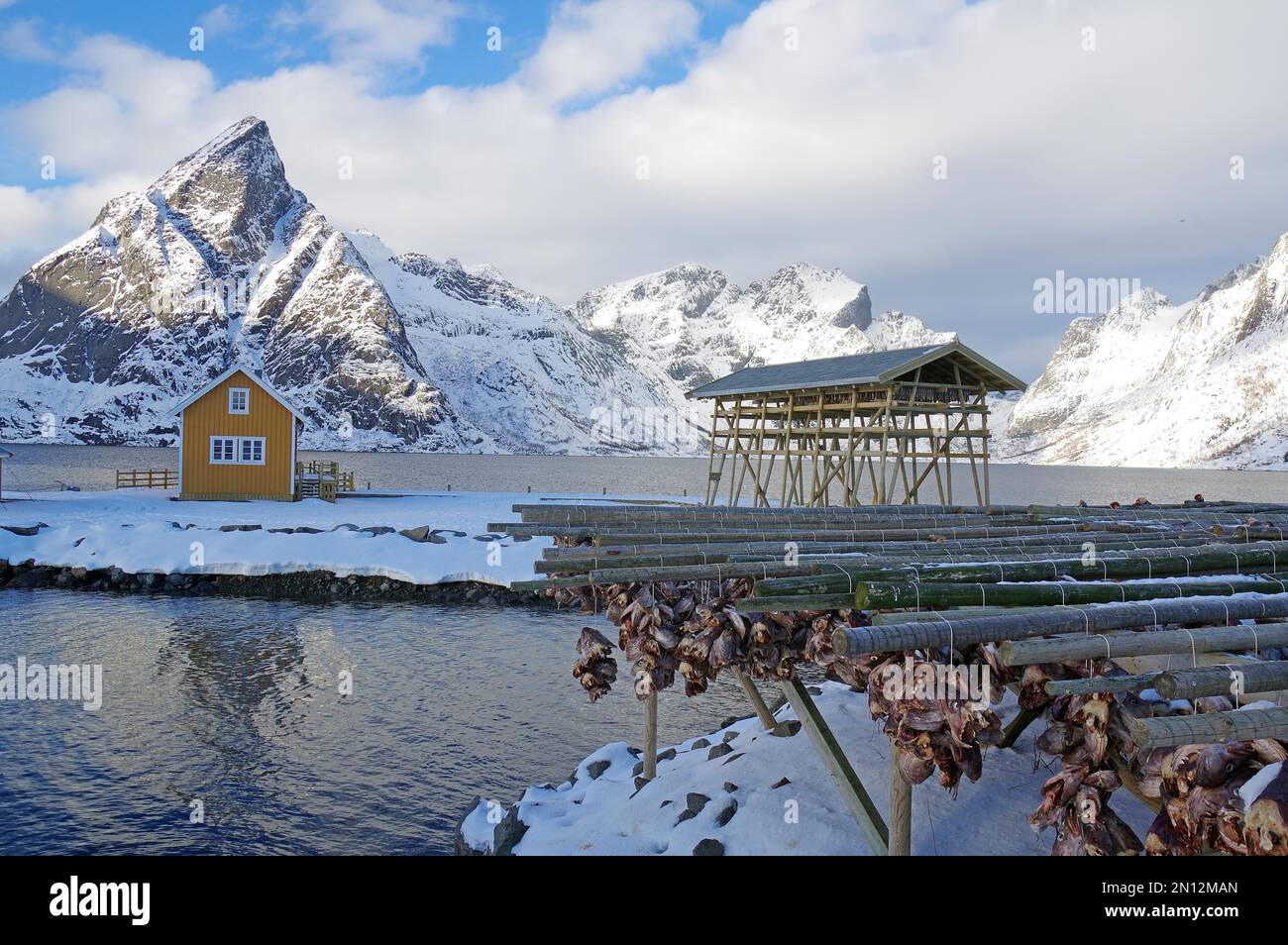 Wintery, Nordic landscape with dried fish racks, fish and fish heads ...