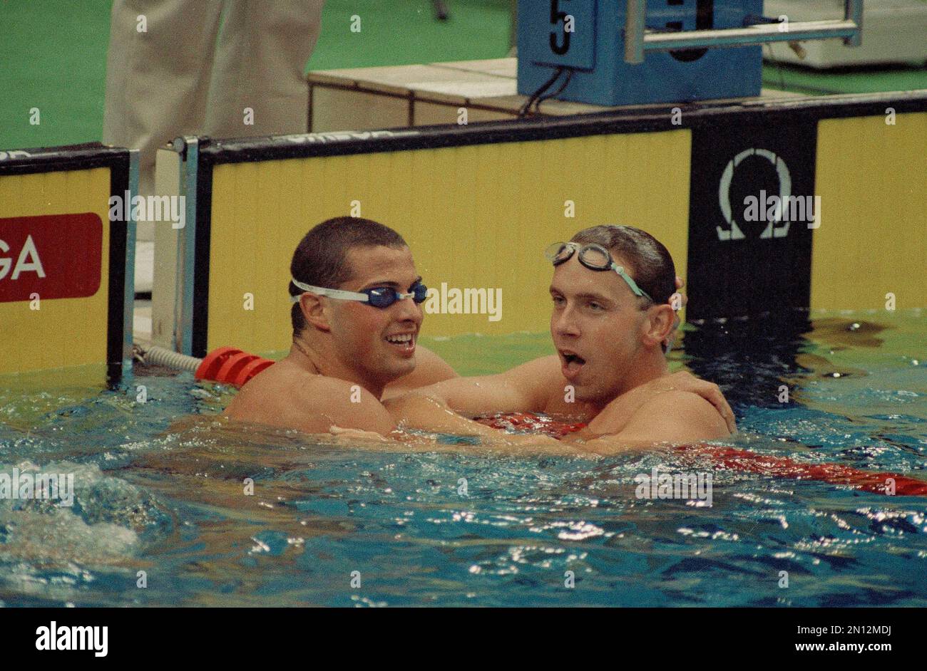 U.S. swimmers Matt Biondi, left, of Morgana, Calif., and Chris Jacobs ...