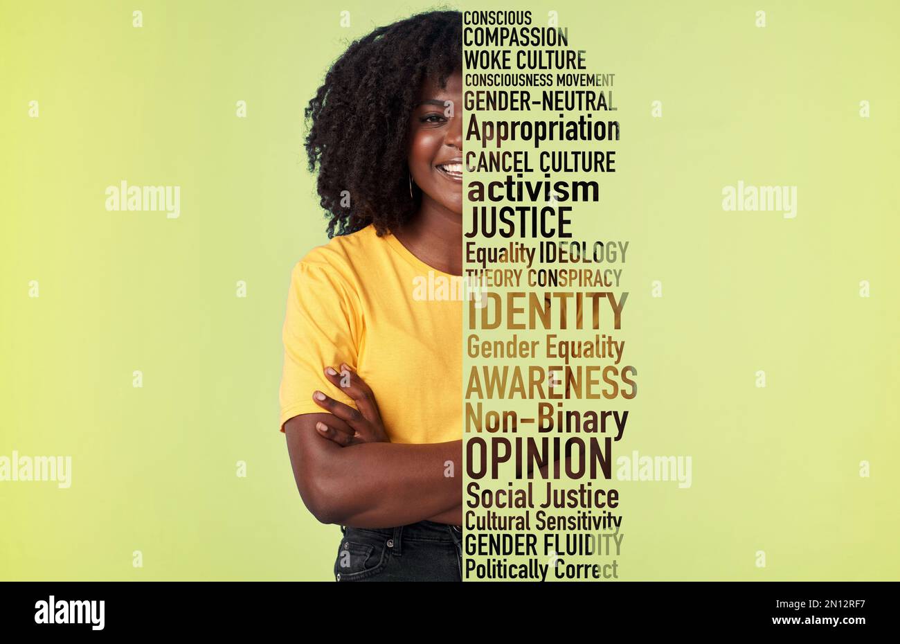 Words, text and portrait of lgbt woman happy for pride and social ...