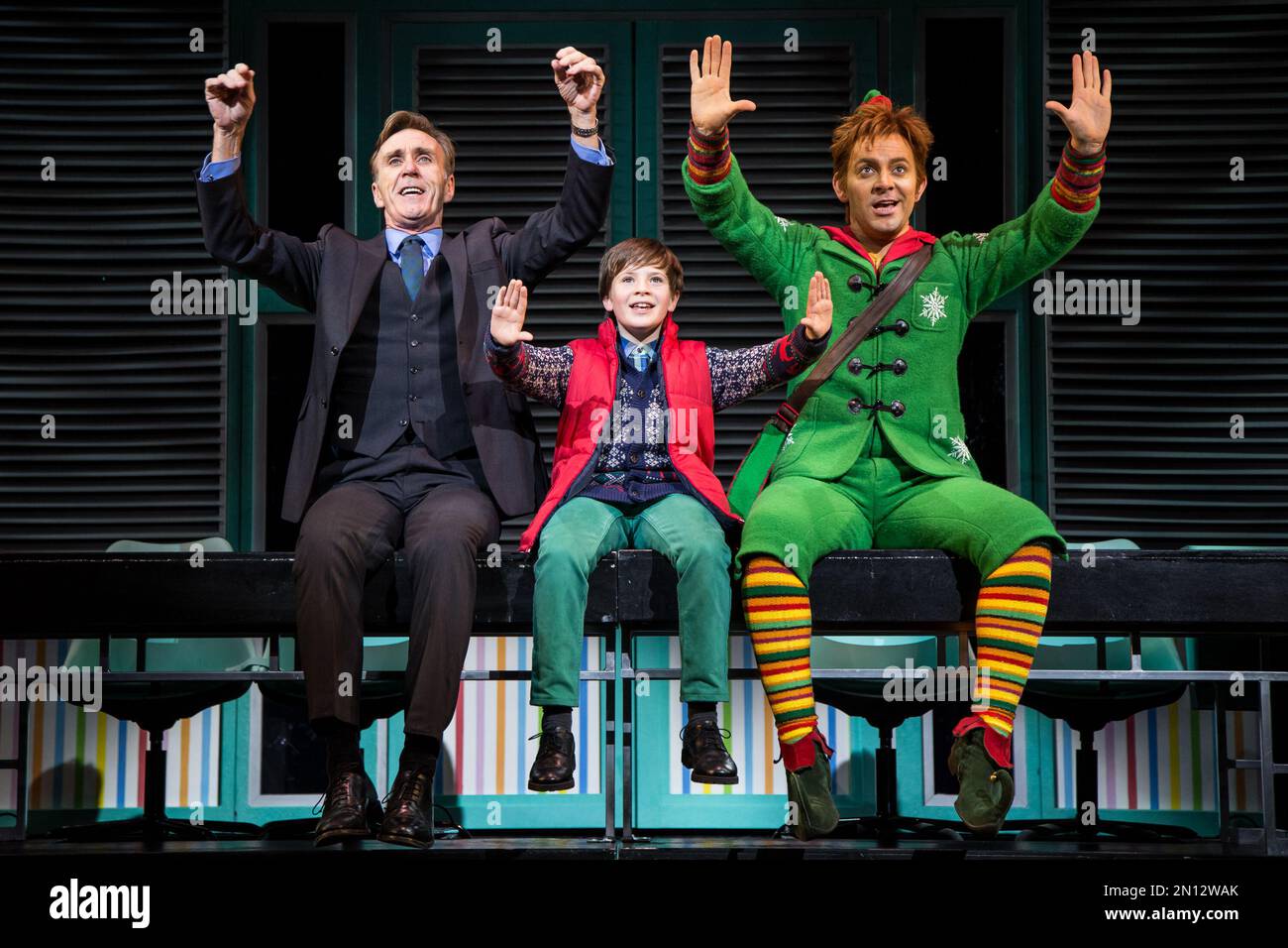 From left, Joe McGann, Ewan Rutherford and Ben Forster perform on stage ...