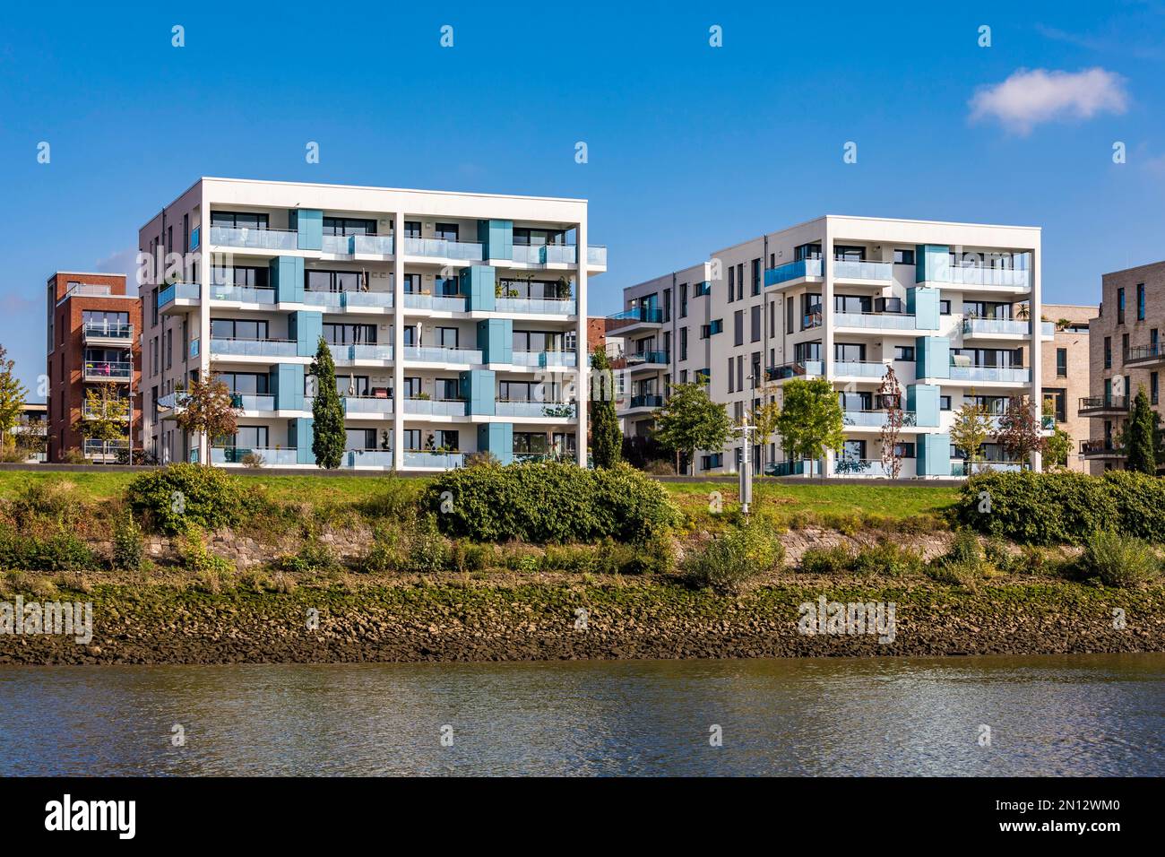 Modern apartment buildings on the Weser, Überseestadt, Hanseatic City ...
