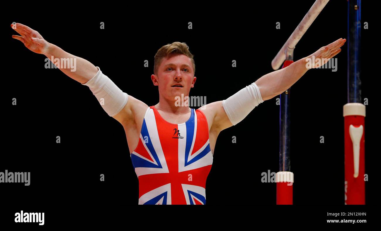 Britain's Nile Wilson performs on the parallel bars during the men's ...