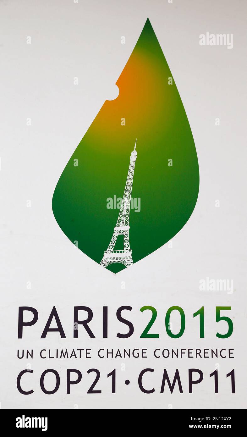 The logo of the COP21 is pictured on a banner promoting the Climate ...