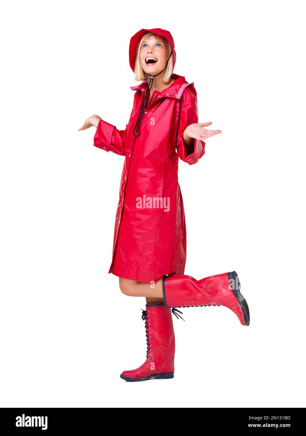 Winter, red raincoat and woman on a white background with smile ...