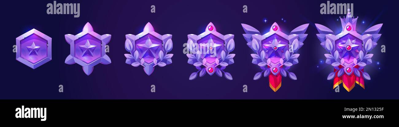 Purple hexagon frames of game avatars. Fantasy ranking badges with ...