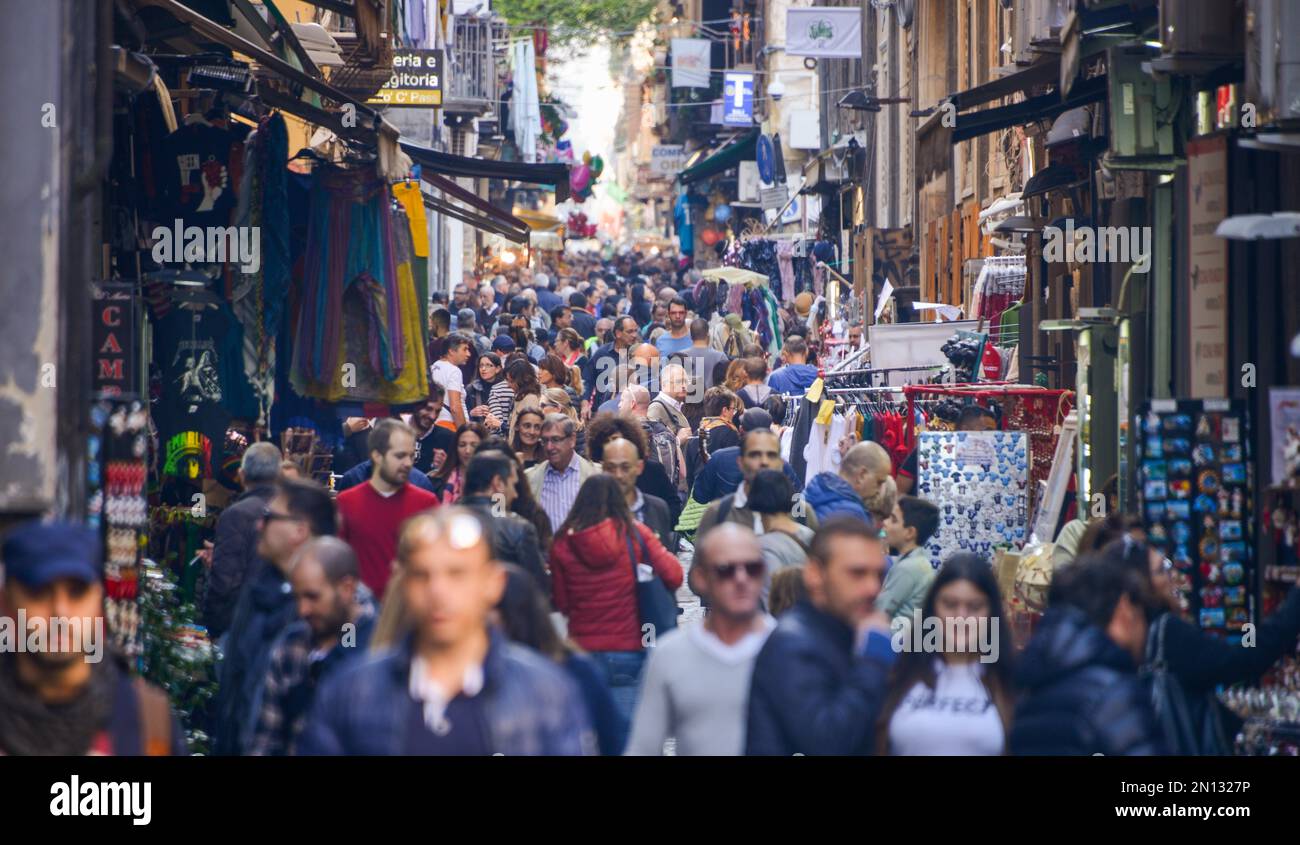 Pedestrians in busy pedestrian zone, street scene, Spaccanapoli, Naples ...