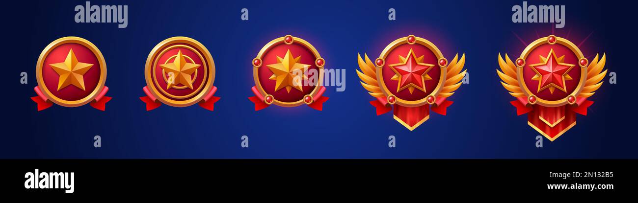 Cartoon set of gold game badges of different rank isolated on dark blue ...