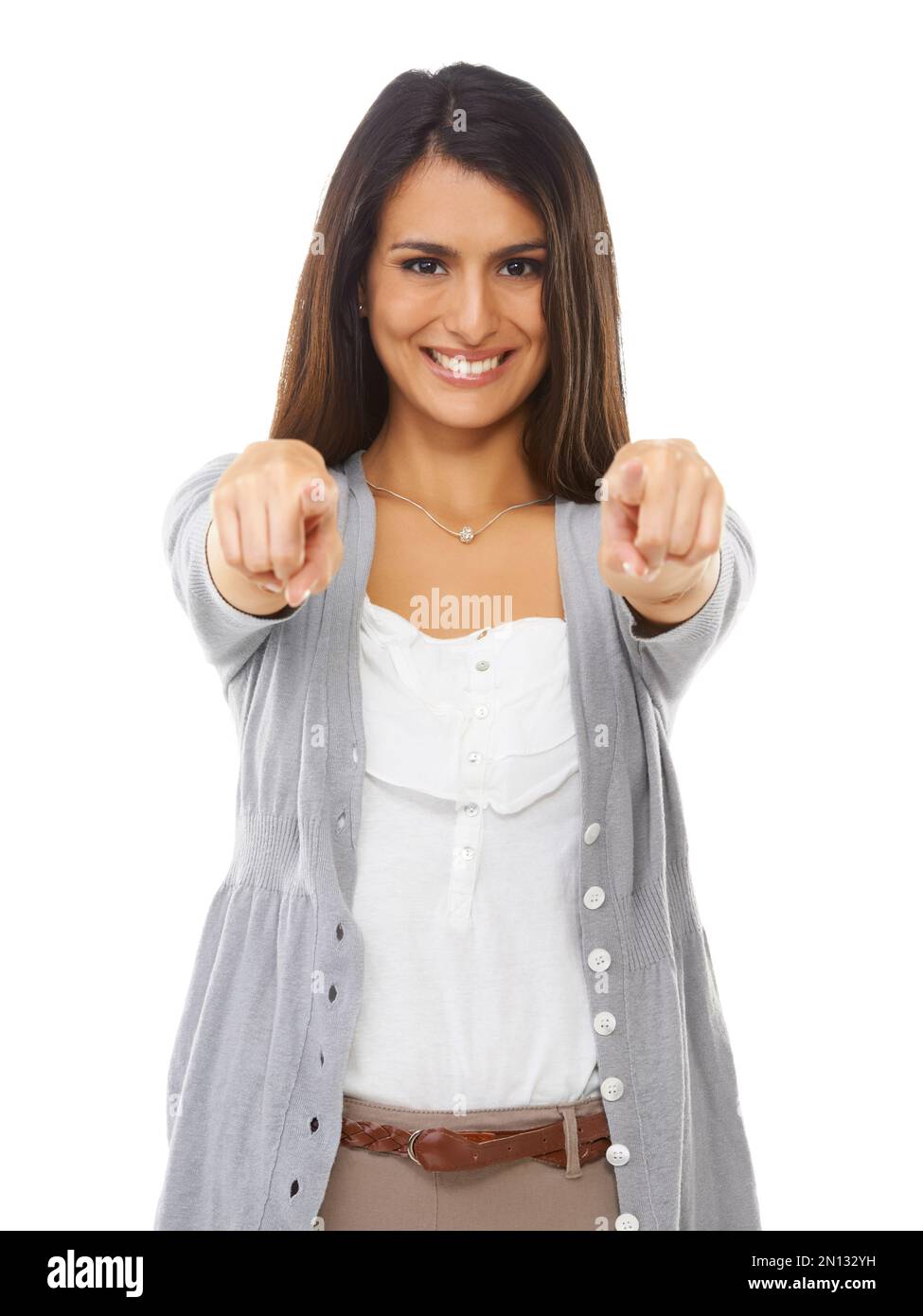Woman, pointing and portrait of a model in isolated white background ...