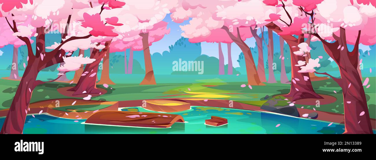 Spring forest with japanese cherry trees and lake. Park landscape with ...