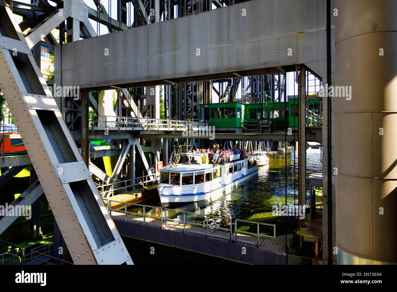 Excursion boat navigating in the old Niederfinow ship lift, Oder Havel ...