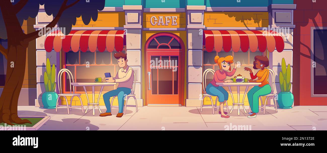 Happy people sitting in outdoor cafe. Vector contemporary illustration ...