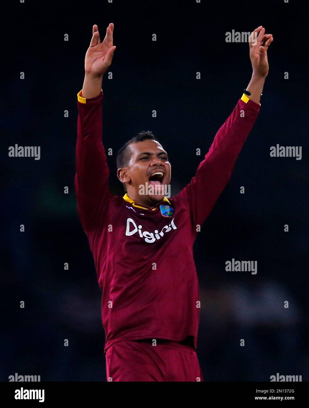 West Indies' Sunil Narine unsuccessfully appeals for the wicket of Sri ...