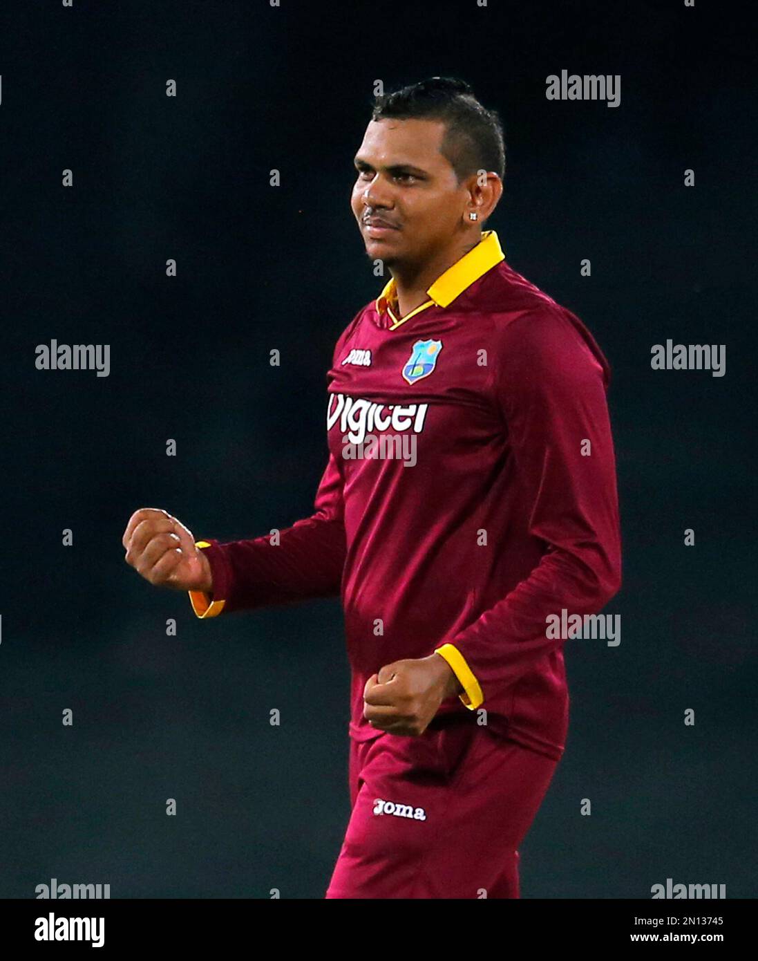 West Indies' Sunil Narine celebrates the dismissal of Sri Lanka's ...