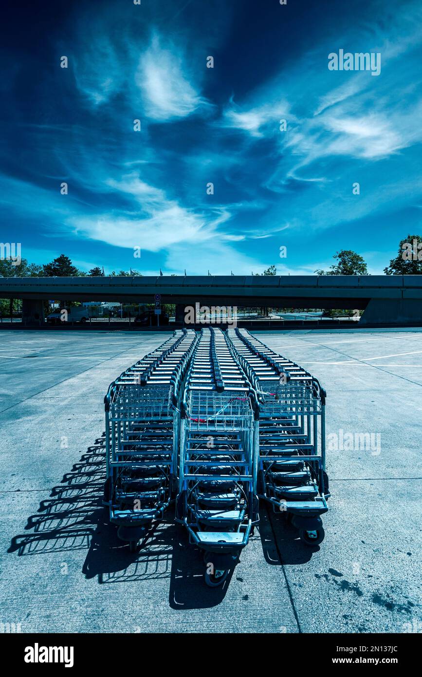 Row of luggage trolleys at the old Tegel Airport, Berlin, Germany ...