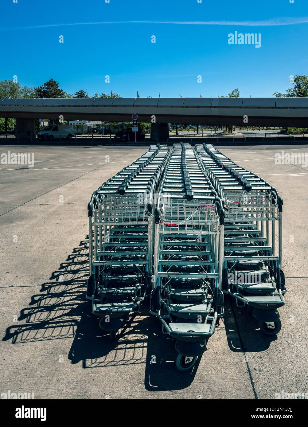 Row of luggage trolleys at the old Tegel Airport, Berlin, Germany ...