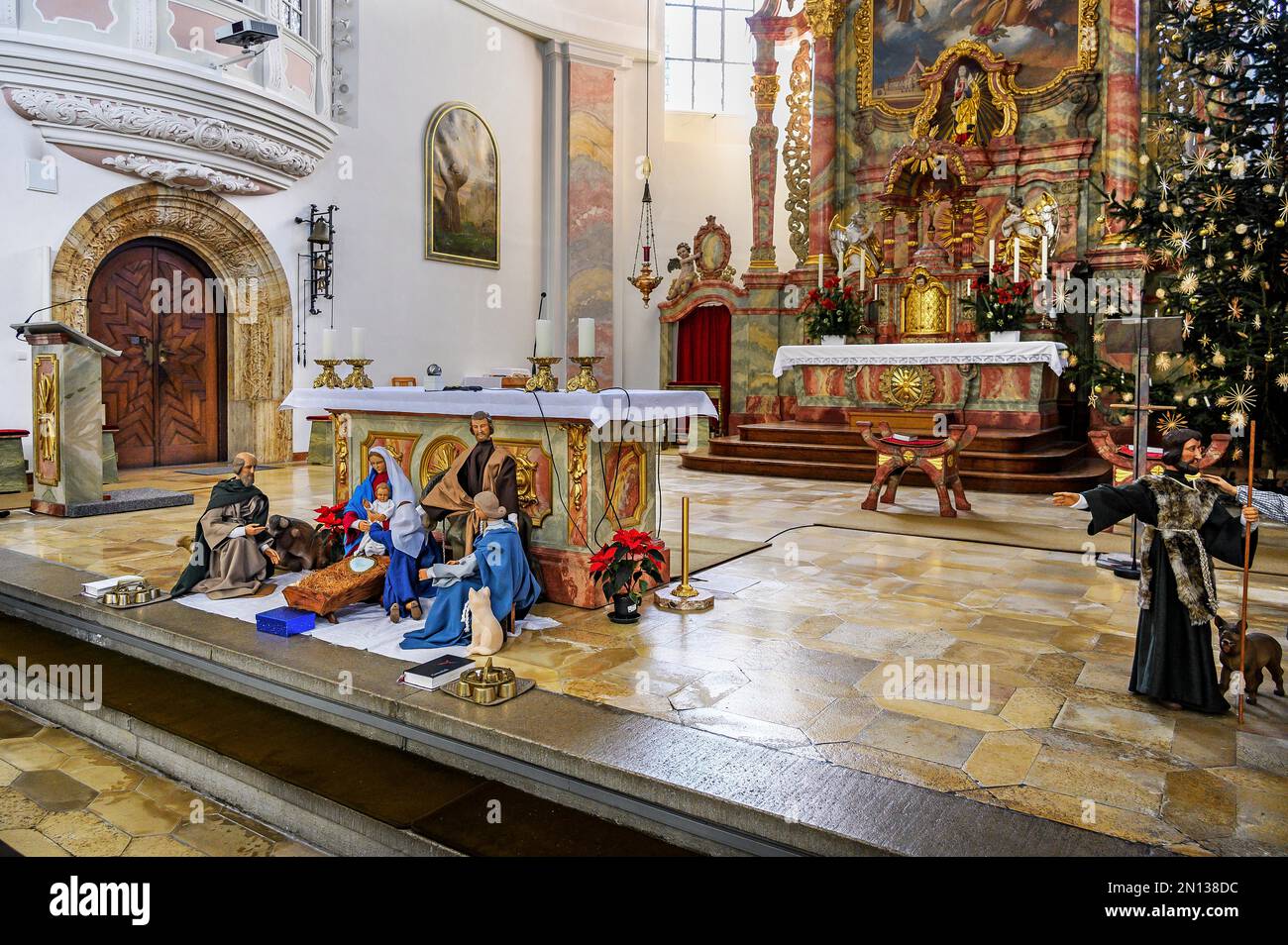 Nativity scene in front of main altar, St. Anton Catholic Church in ...
