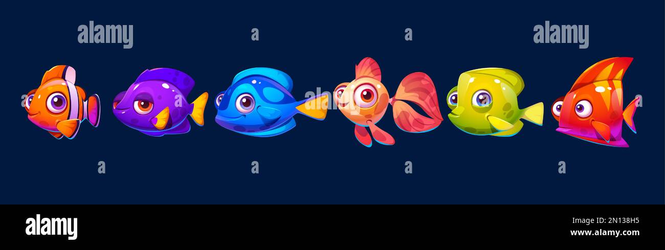 Set of cute vector cartoon fish for aquarium game. Isolated happy ...