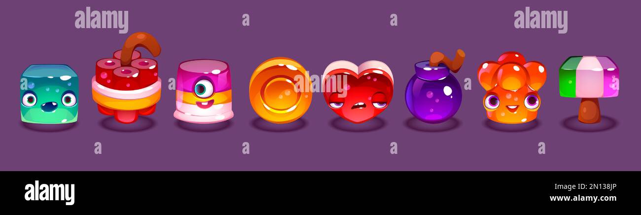 Cute jelly cartoon characters for game or app. Set of funny slime faces ...