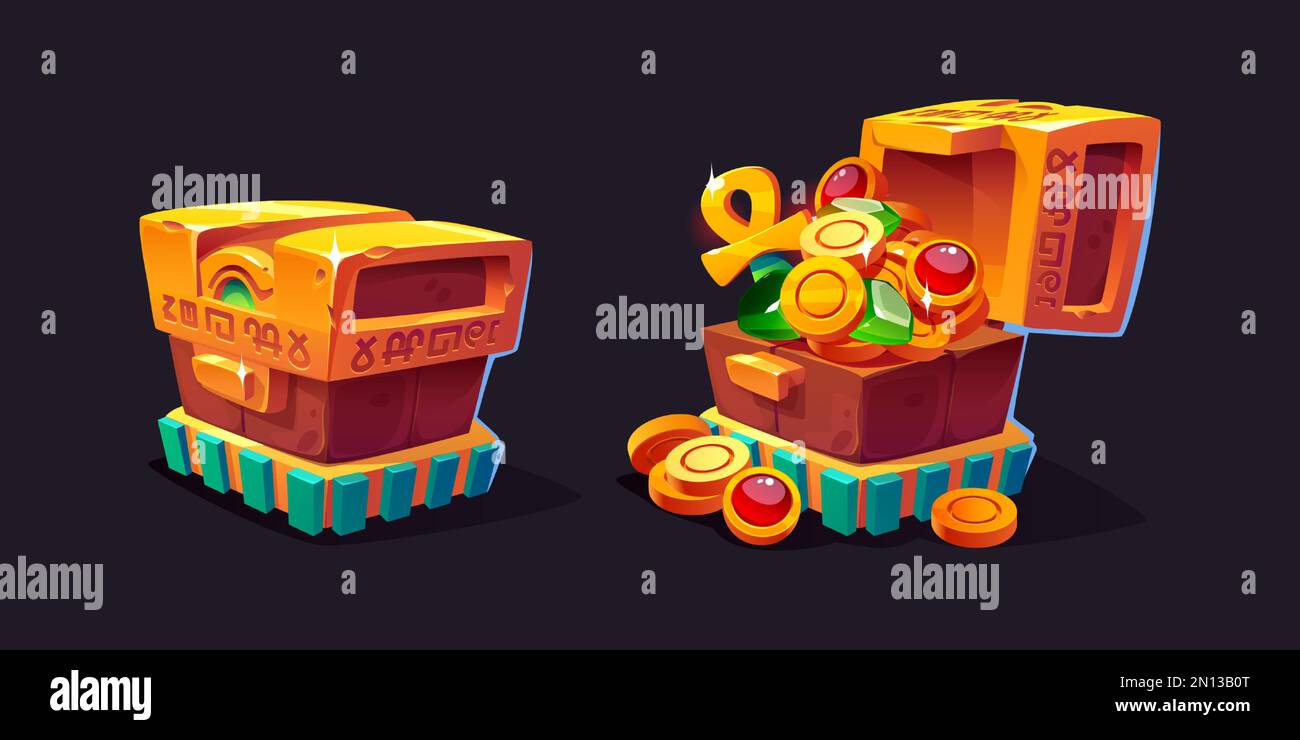 Cartoon set of egyptian treasure chest isolated on black background ...