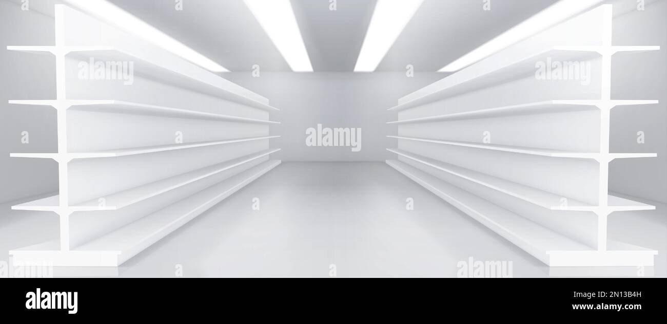 Realistic supermarket interior mockup with white shelves. Vector ...