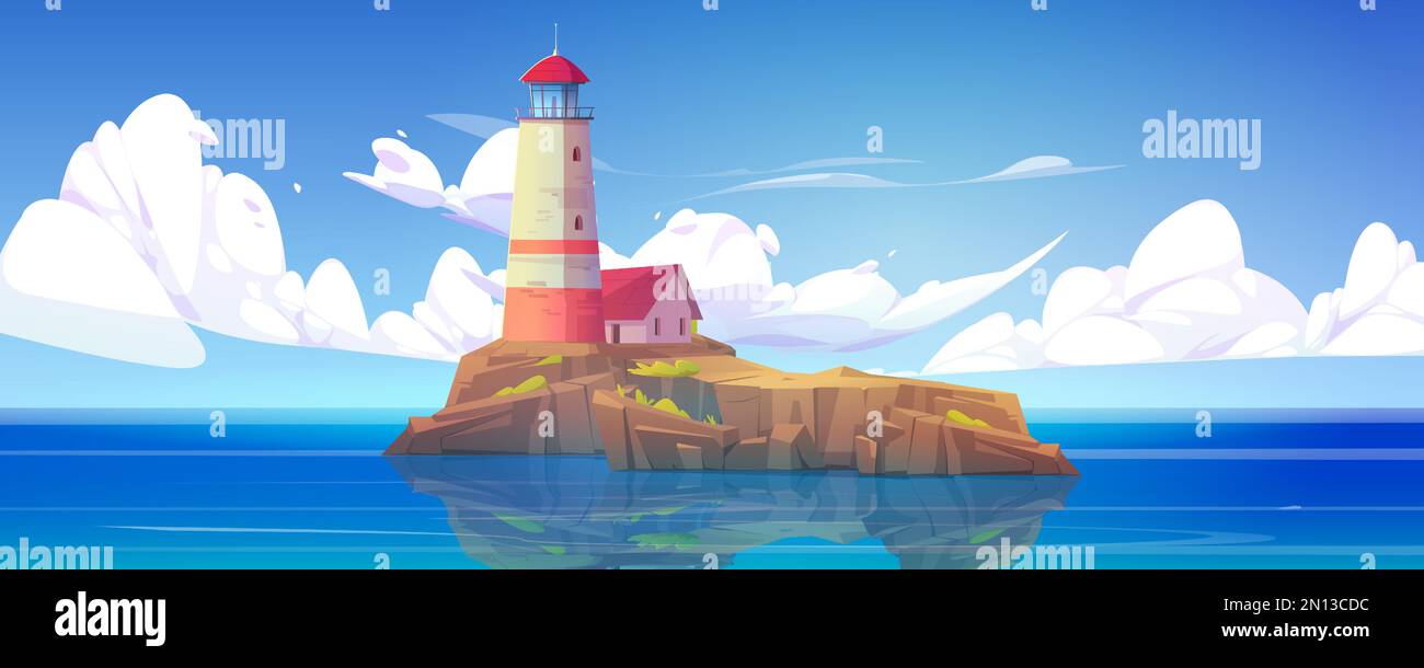 Cartoon vector sea landscape background with lighthouse on island ...