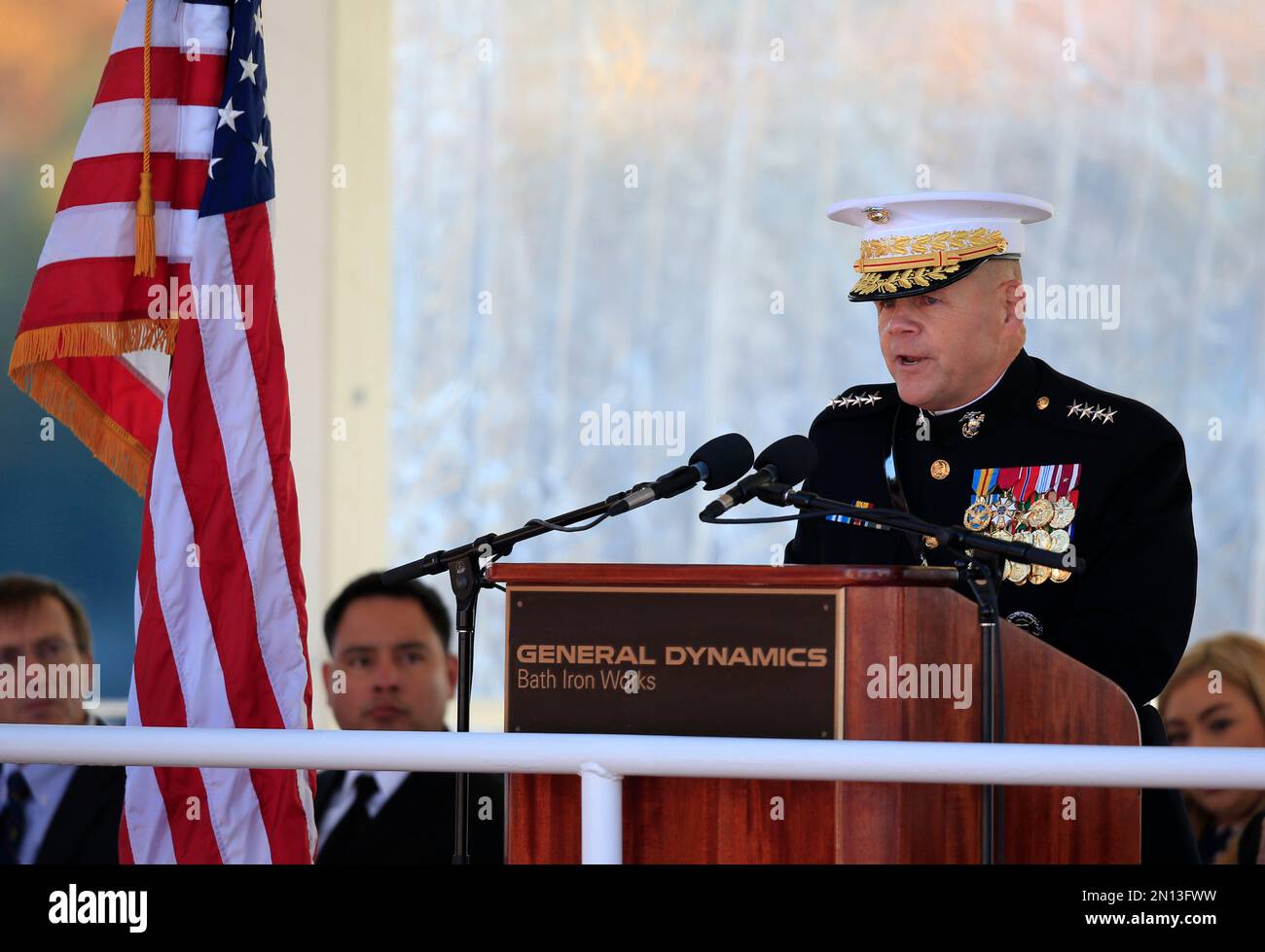 Chief of Navy Reserves Robin Braun speaks at the christening ceremony for the USS Raphael ...