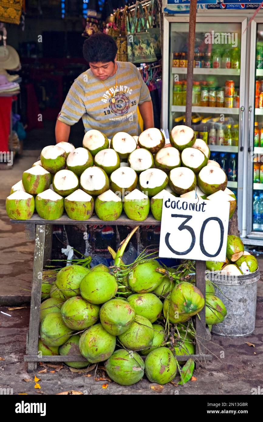 Coconut ready to drink, fruit, market, Phuket, Thailand, Asia Stock ...