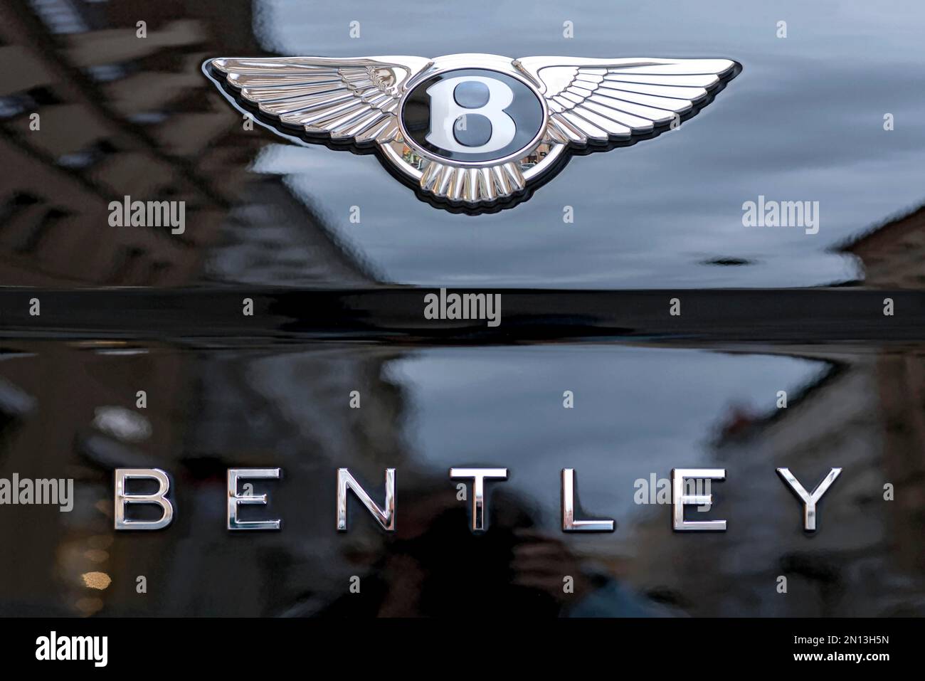 Logo and lettering of the Bentley car brand on a Bentley Flying Spur ...