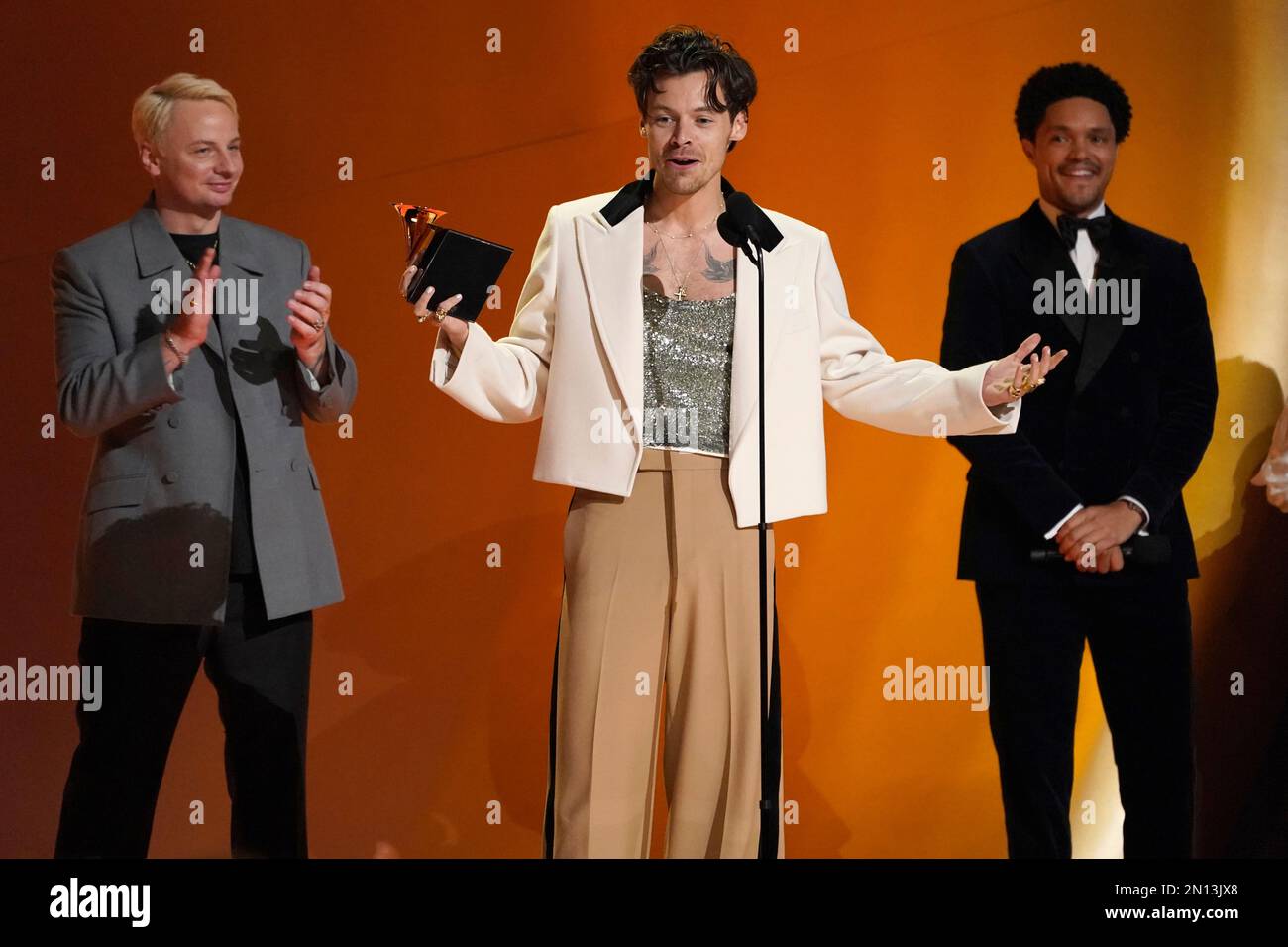 Kid Harpoon, left, and Harry Styles accept the award for album of the ...