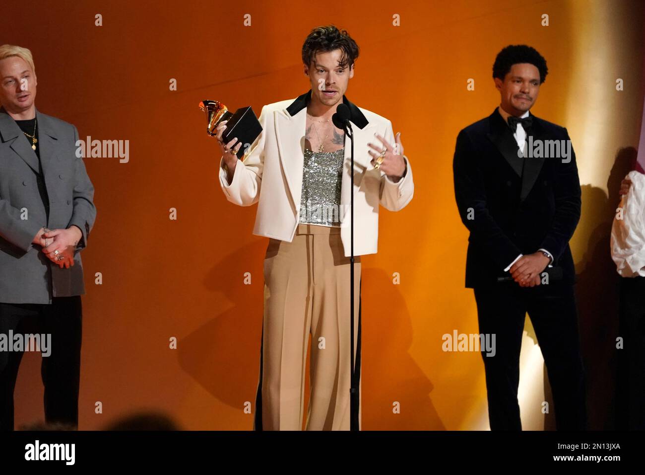 Kid Harpoon, left, and Harry Styles accept the award for album of the ...