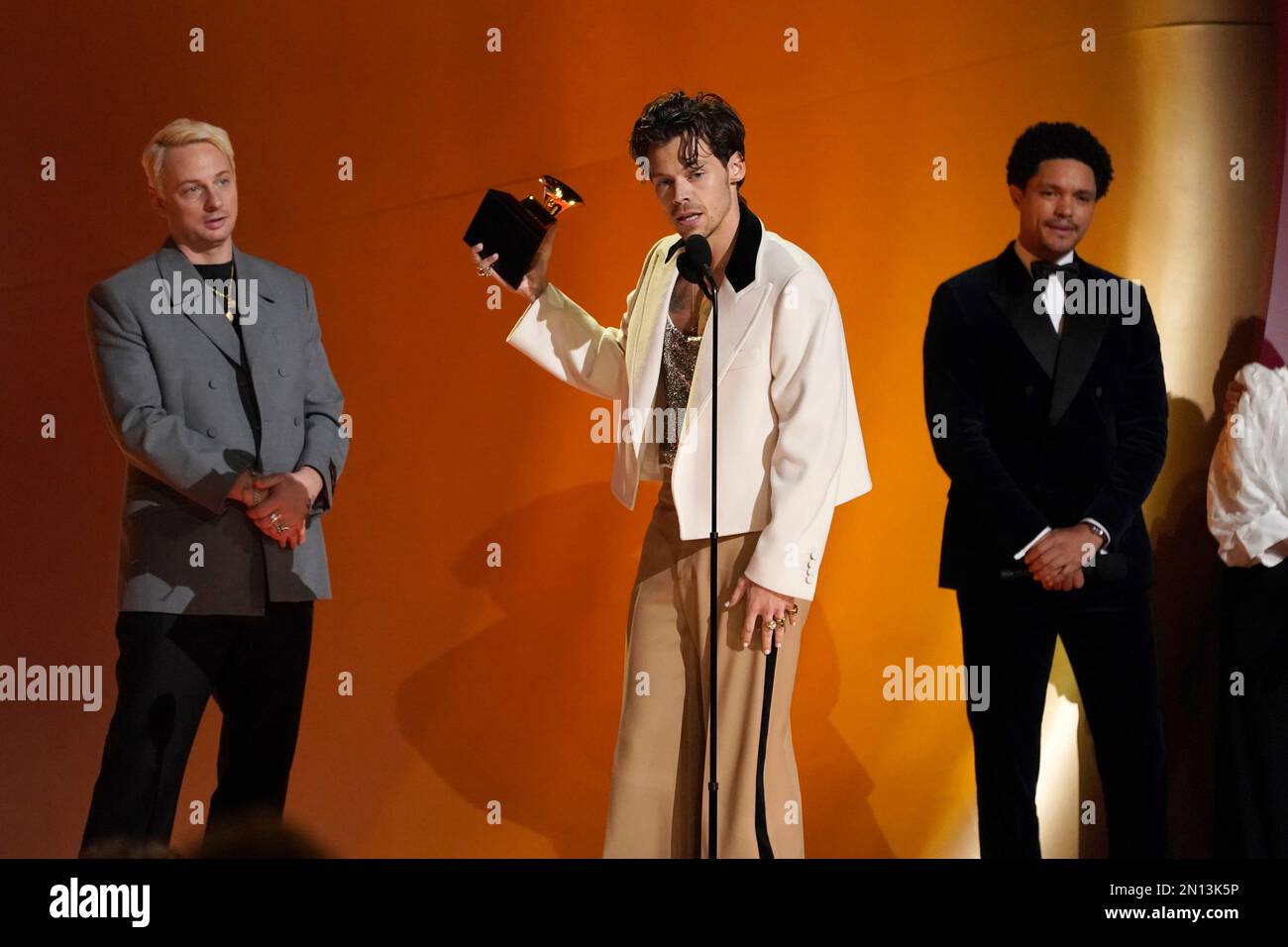 Kid Harpoon, left, and Harry Styles accept the award for album of the ...