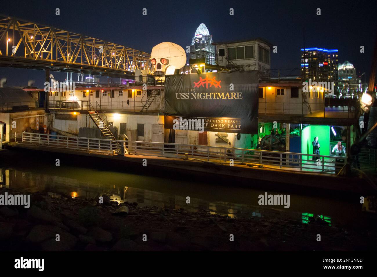 The USS Nightmare Halloween attraction floats on the banks of the Ohio ...