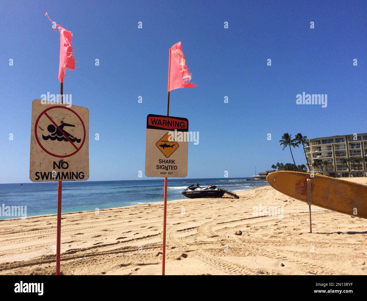 Signs warning of a shark sighting are posted at Makaha Beach Park in Waianae, Hawaii, Thursday ...