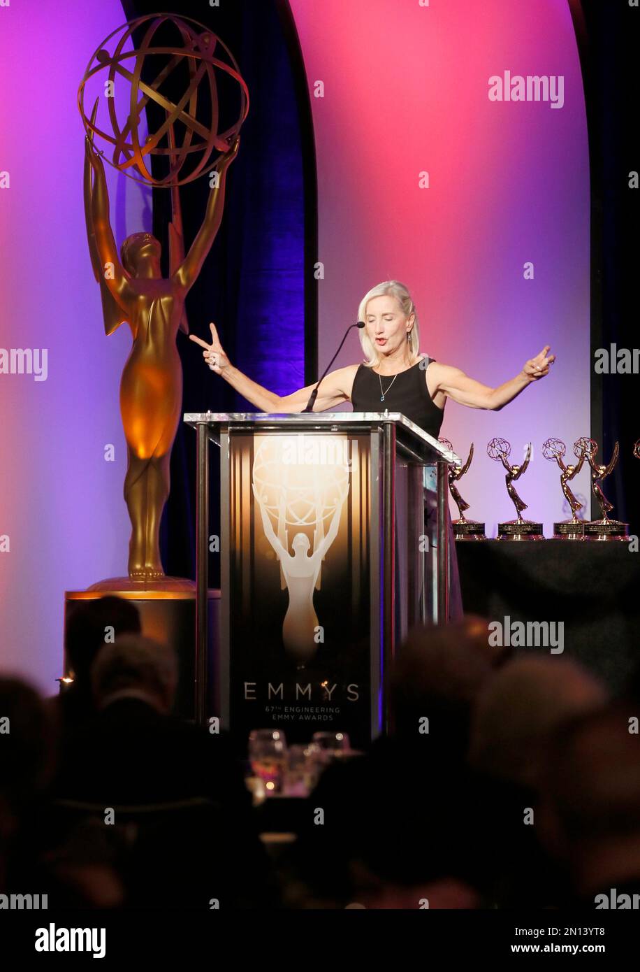 Wendy Aylsworth, Engineering Emmy Awards committee chair, speaks at the ...