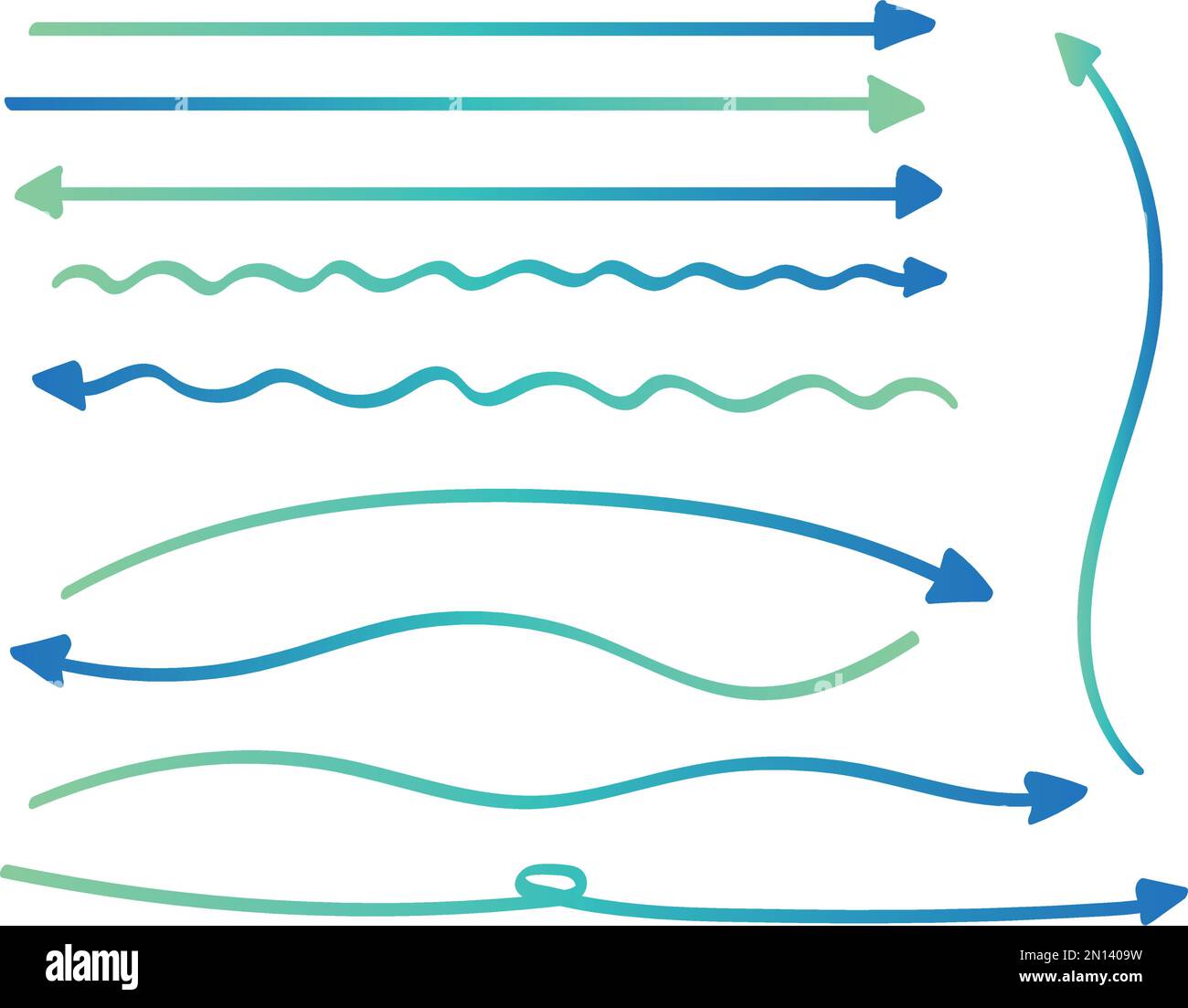 Bright blue and green gradient handwritten long arrows set. Twirling ...