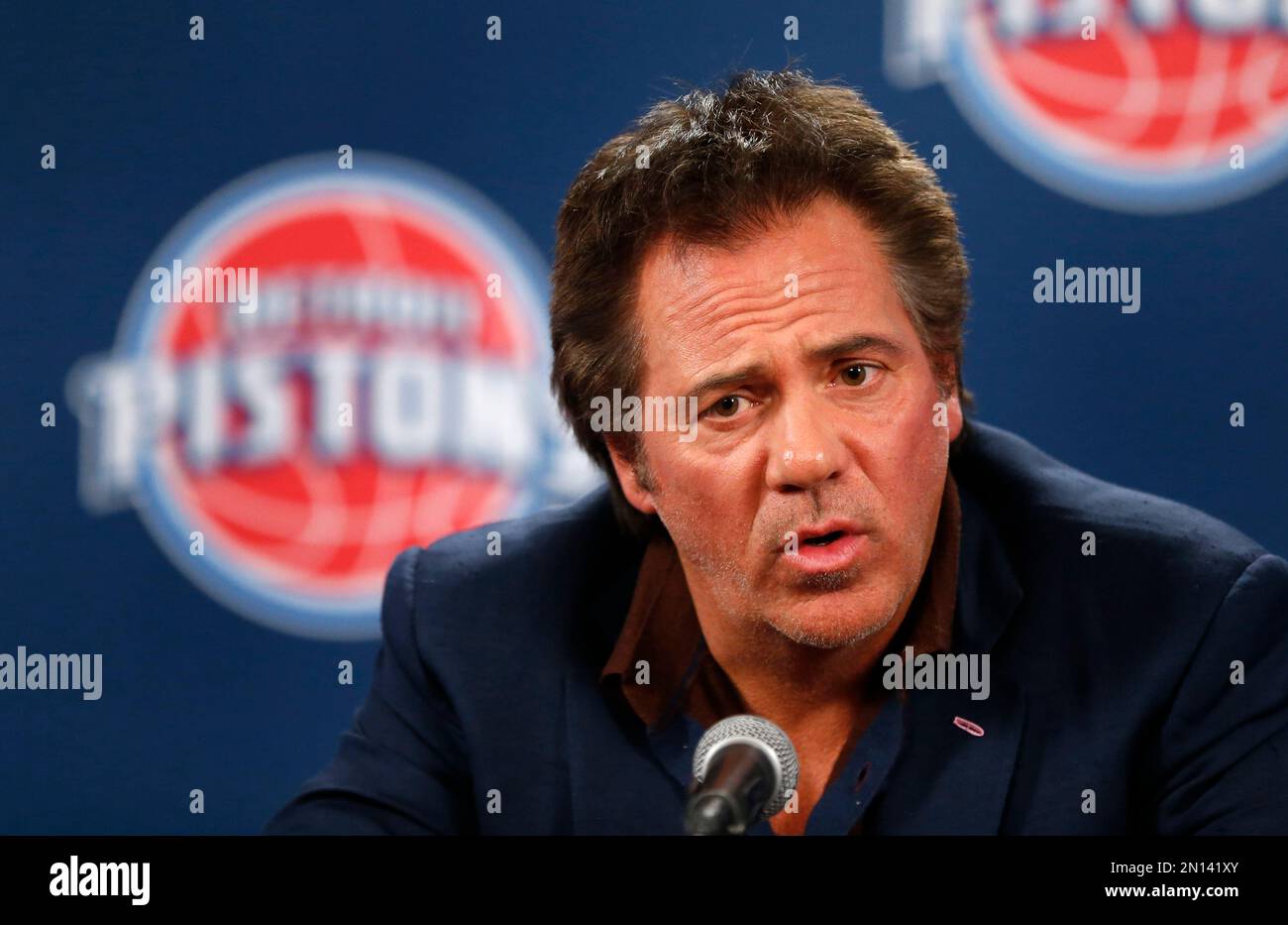 Detroit Pistons owner Tom Gores speaks before an NBA basketball game ...