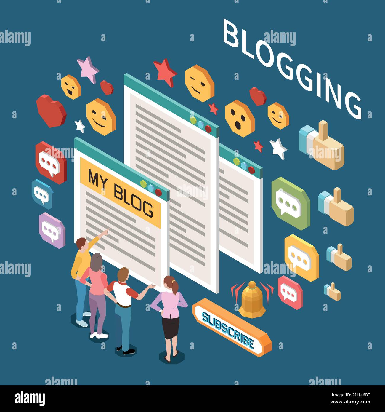 Isometric social media blogging concept with characters of subscribers ...