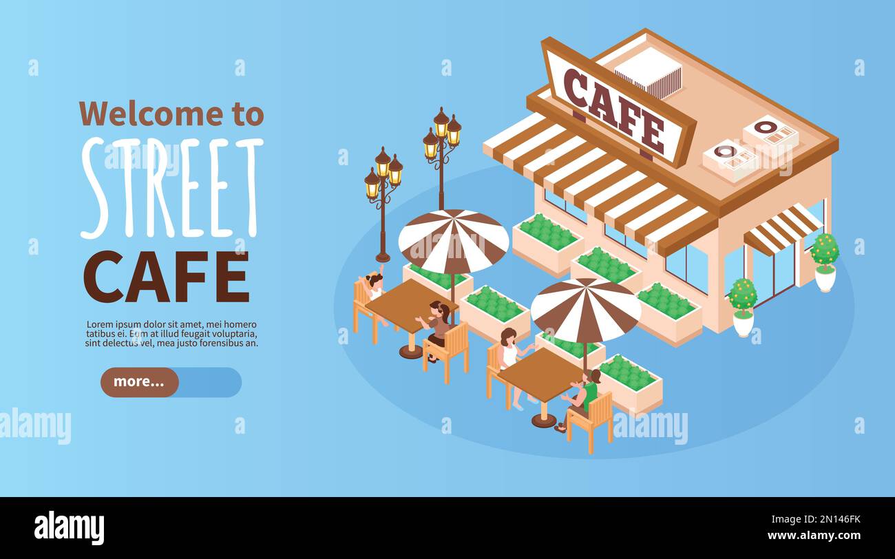 Isometric street cafe with food and coffee horizontal banner vector ...