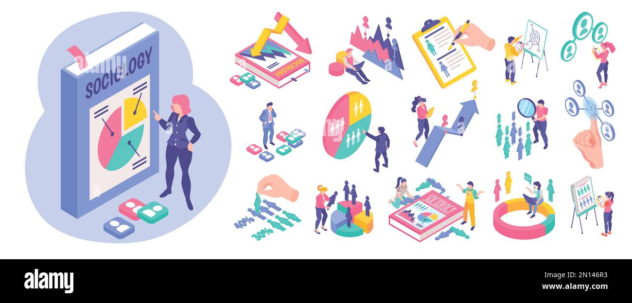 Isometric sociology icons set with statistic charts and public polls ...