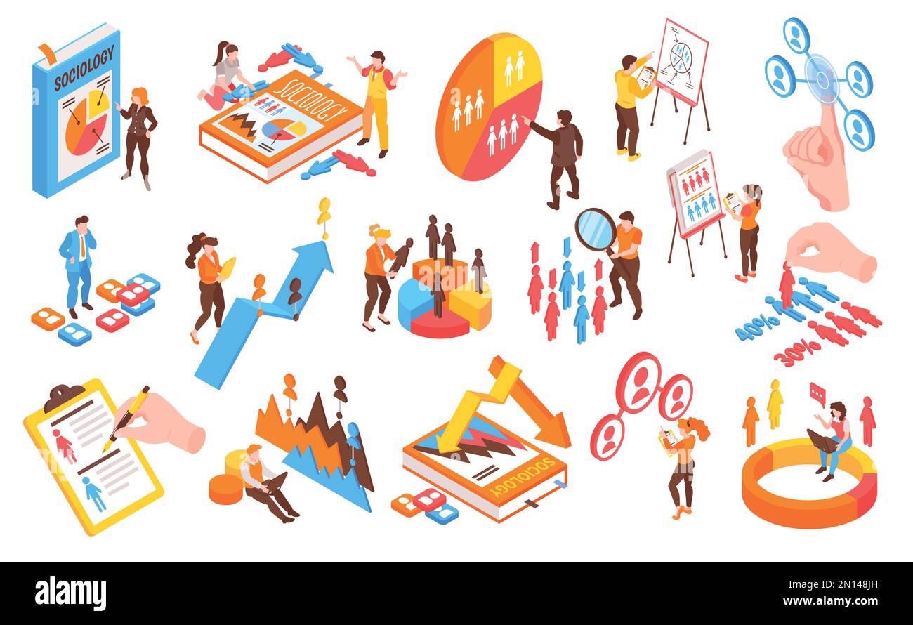 Isometric sociology science icons set with statistical data and opinion poll symbols isolated ...