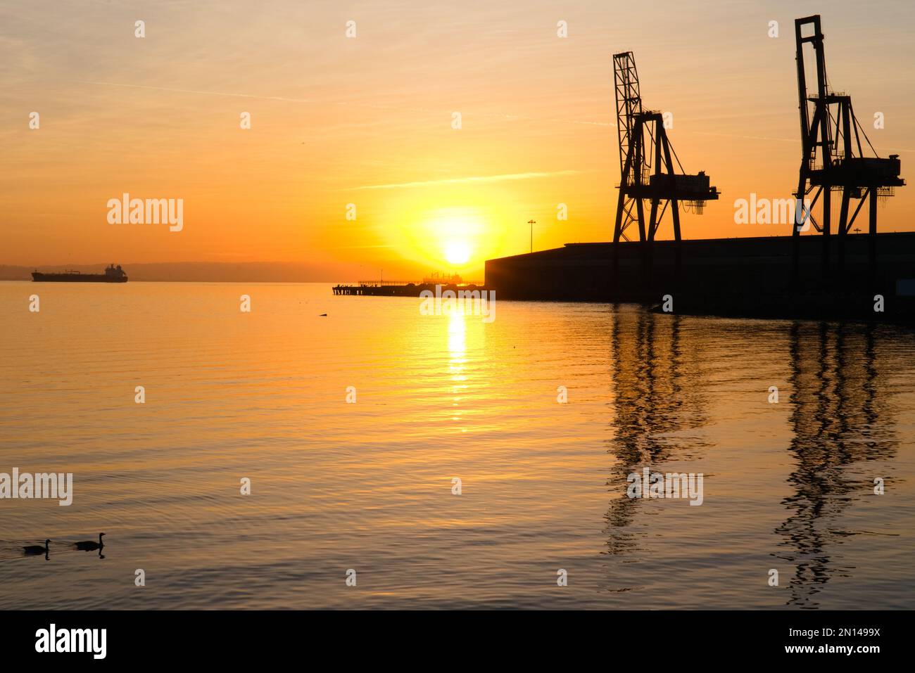Large cargo ship to the left and container crane to the right during ...