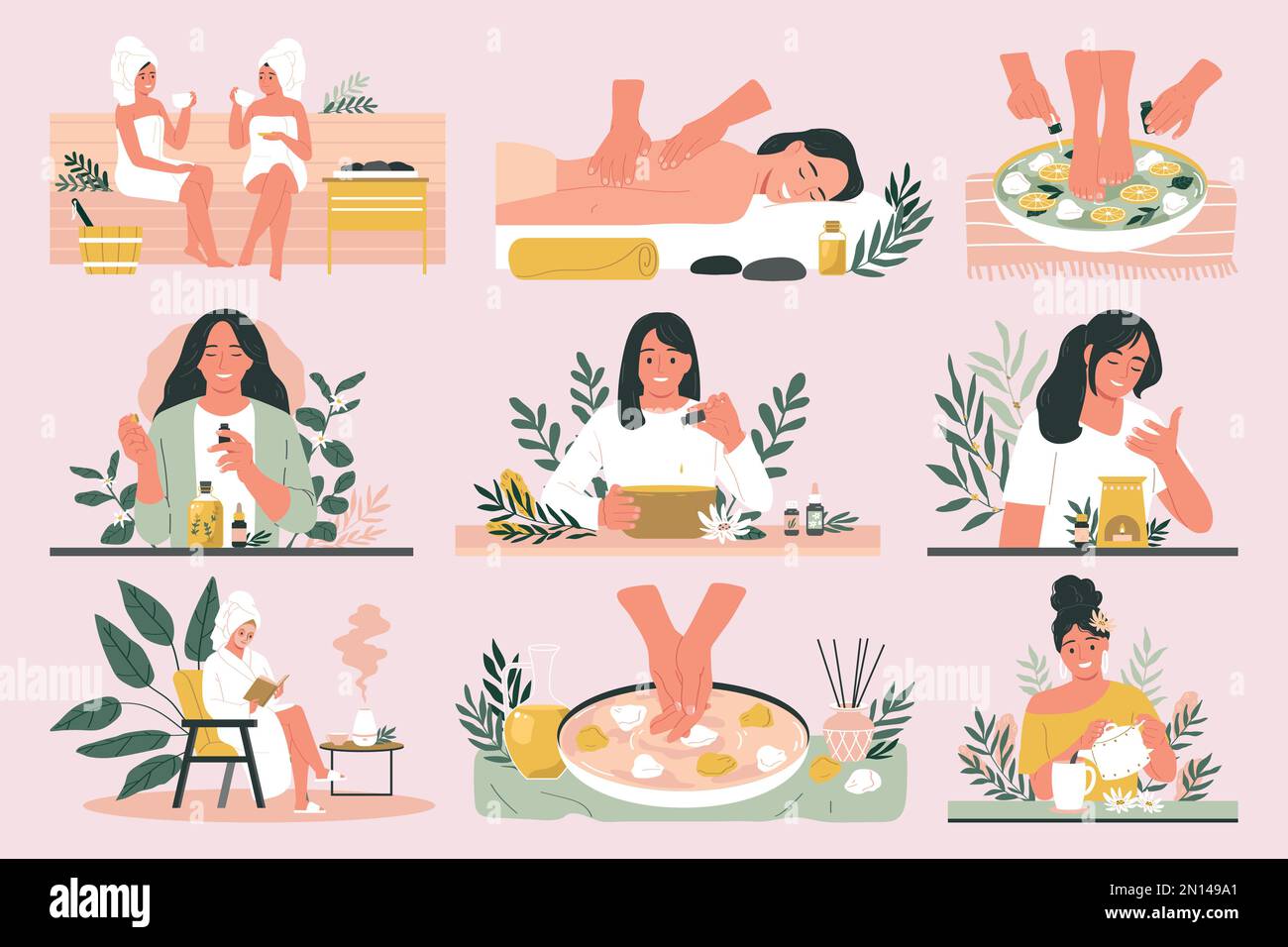 Aromatherapy flat icons set with spa and wellness procedures isolated vector illustration Stock ...