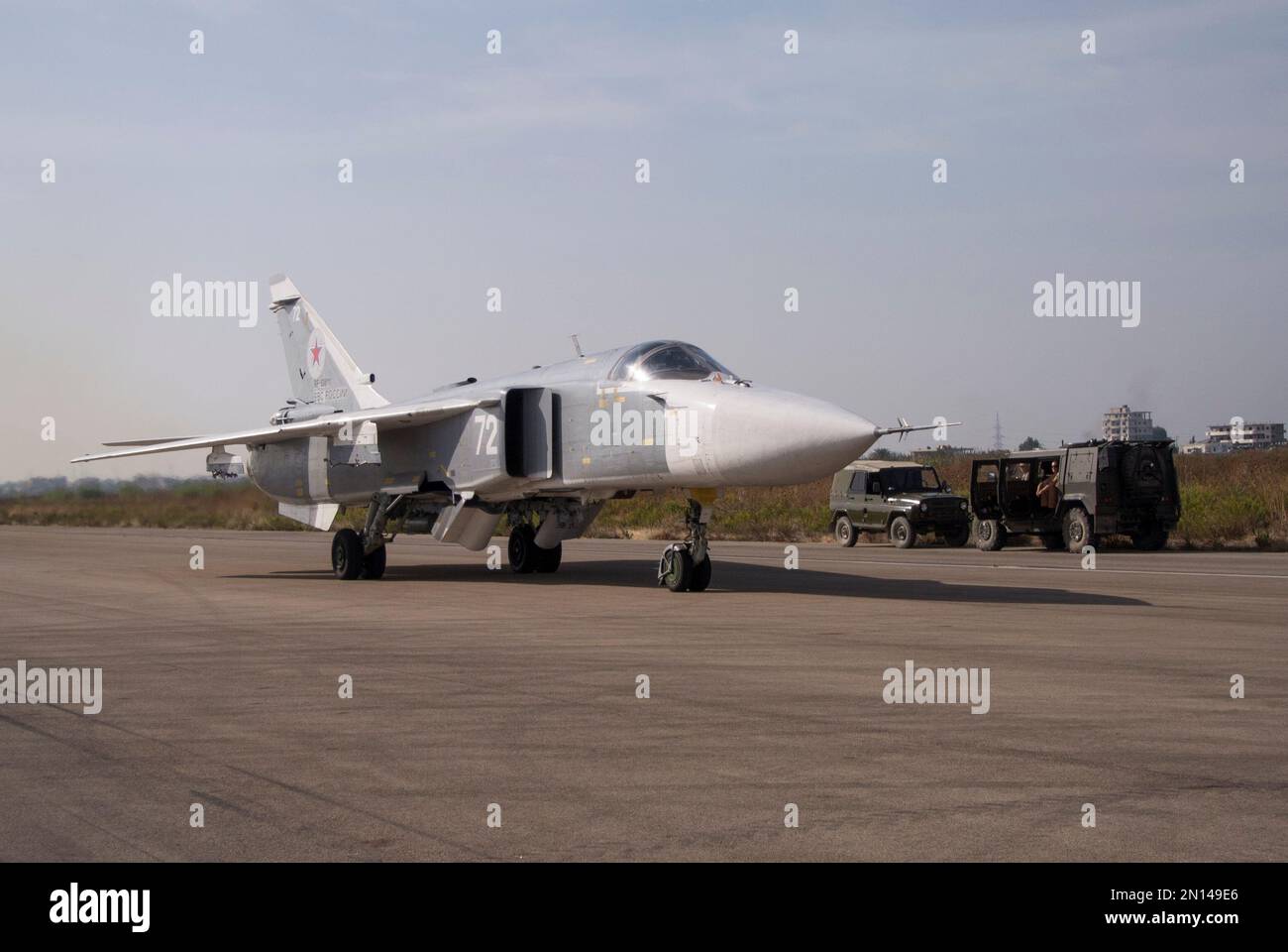 A Russian Su-24 bomber rolls to take off at Hemeimeem airbase, Syria ...