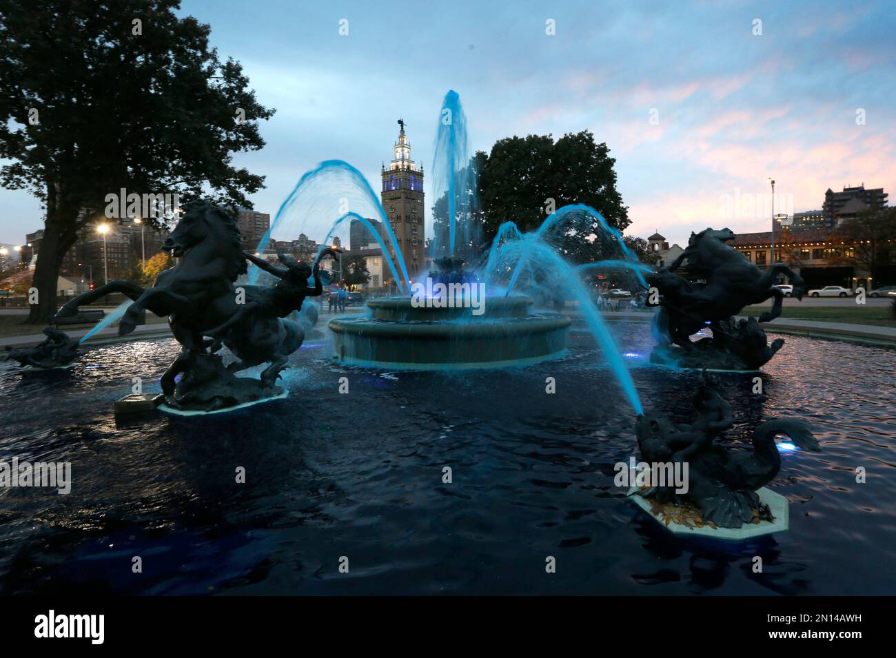 The Jesse Clyde Nichols Memorial Fountain is dyed Royal blue in Kansas ...