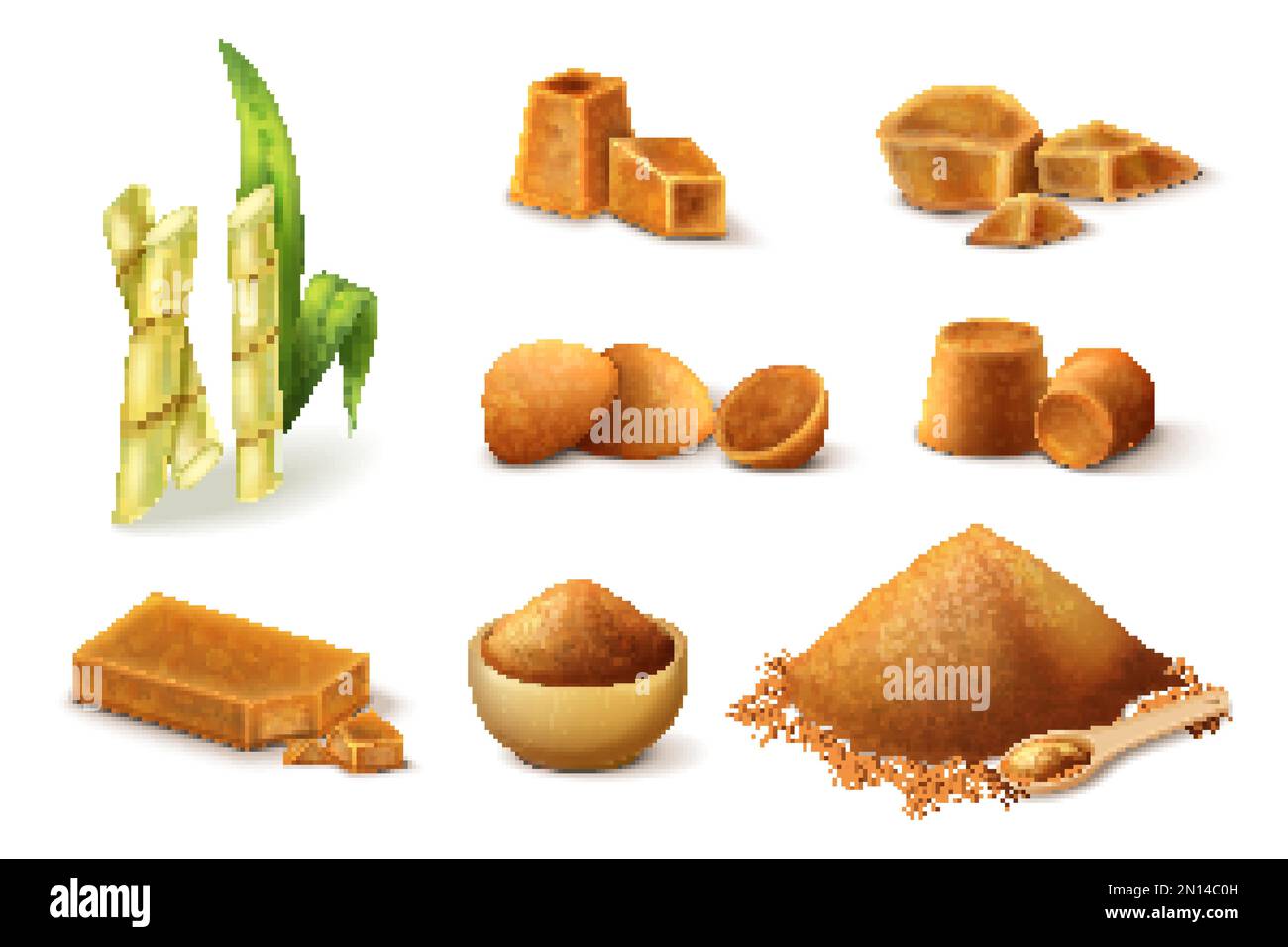 Jaggery realistic set with isolated blocks cubes granulated sugar cane ...