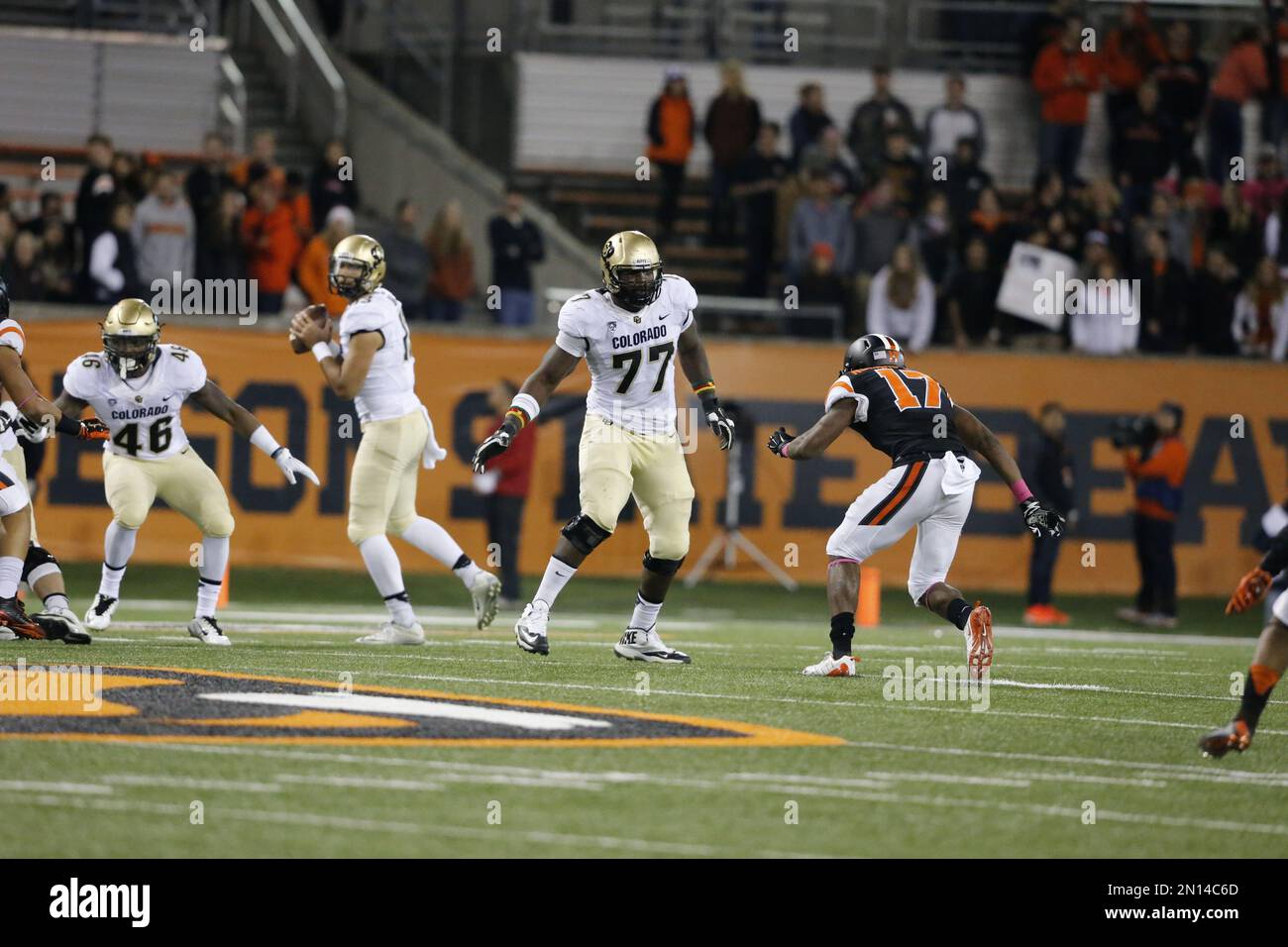 Colorado left tackle Stephane Nembot, center, during the second half of ...
