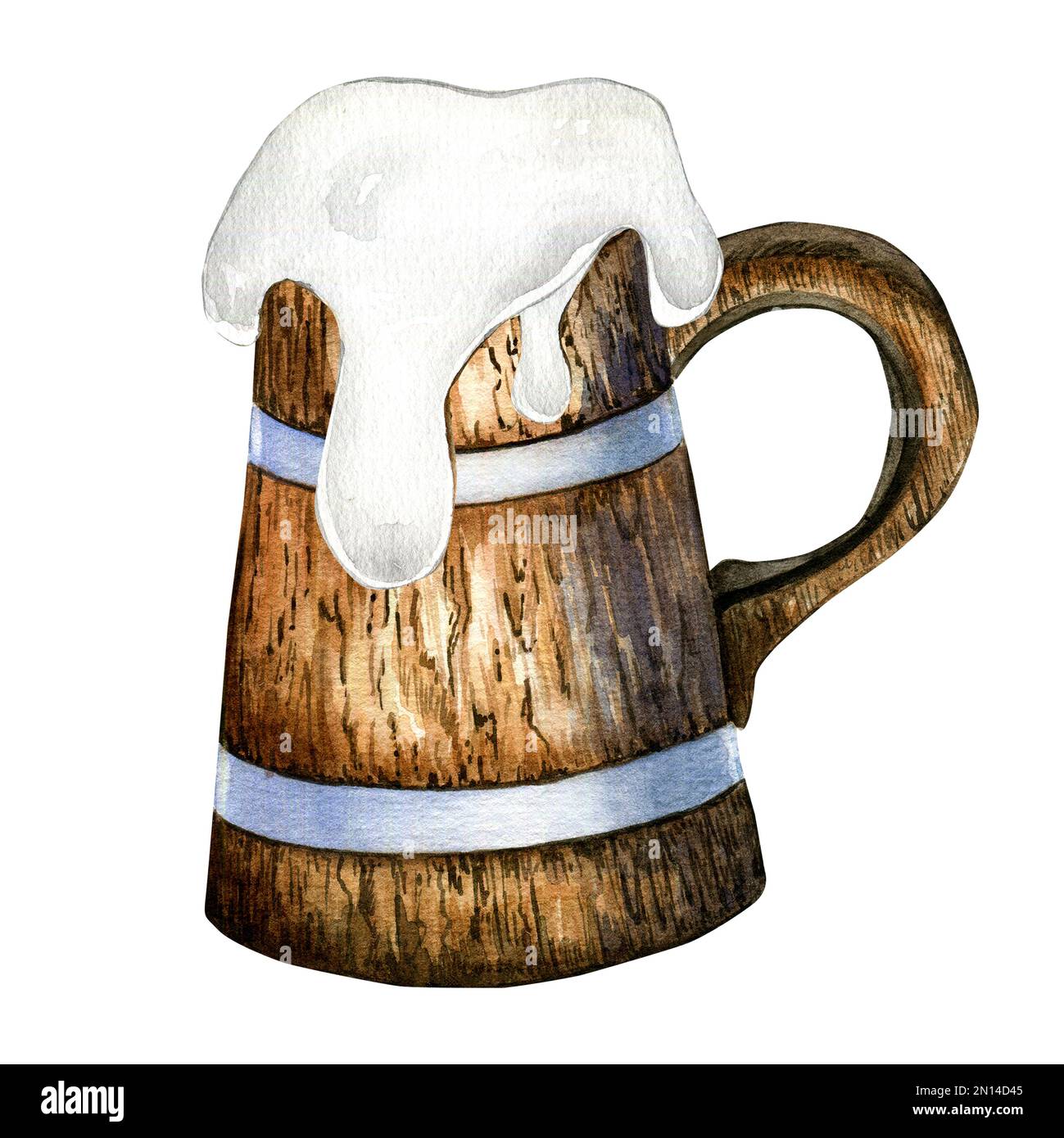 Wooden beer mug and foam watercolor illustration isolated on white ...
