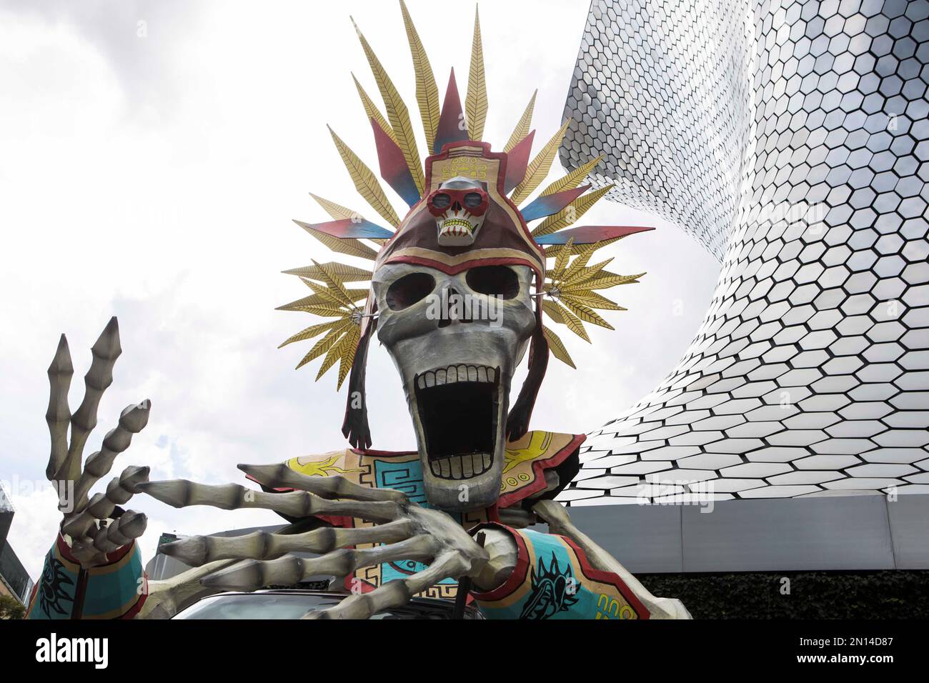 A skull used in the film Spectre stand on display at the entrance of ...