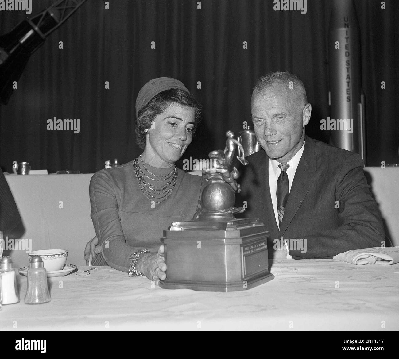 Astronaut John Glenn Jr. and his wife Annie admire their own model of ...